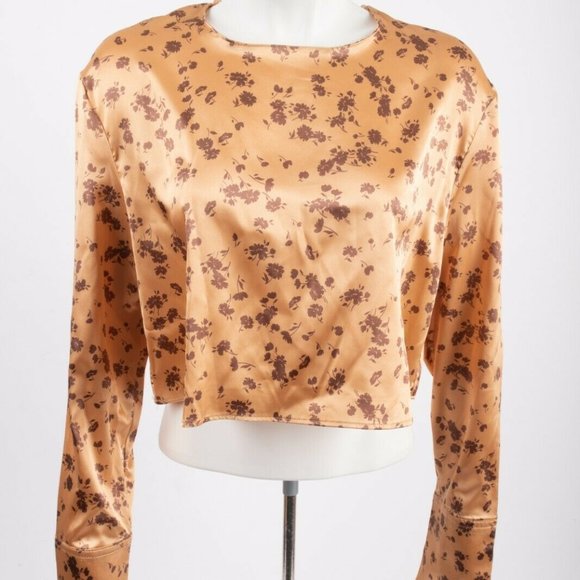 Zara | Tops | Zara Nwt Womens Copper Brown Floral Long Sleeve Satin ...